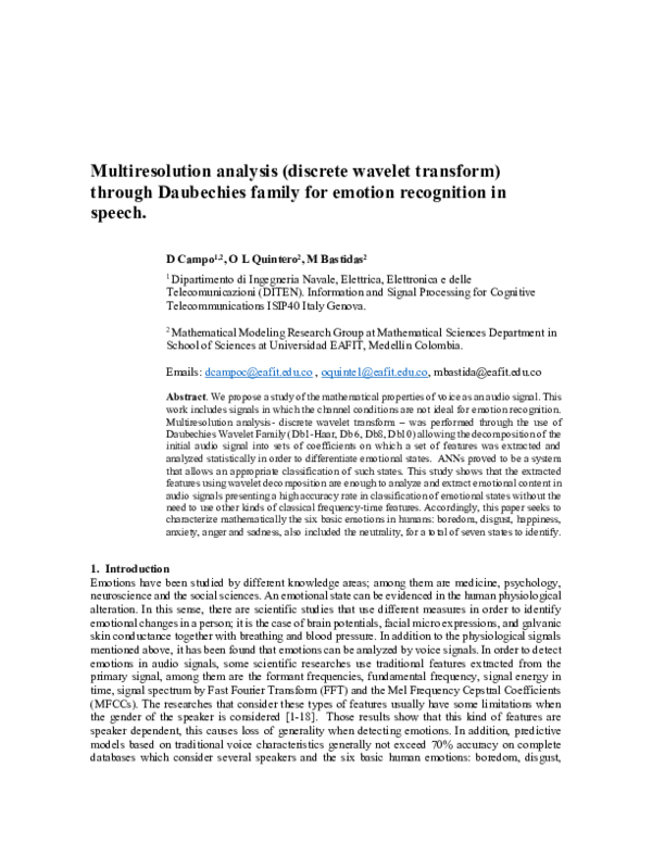 (PDF) Multiresolution analysis (discrete wavelet transform) through Daubechies family for ...