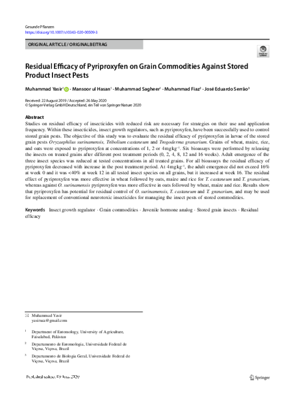 (PDF) Residual Efficacy of Pyriproxyfen on Grain Commodities Against Stored Product Insect Pests ...