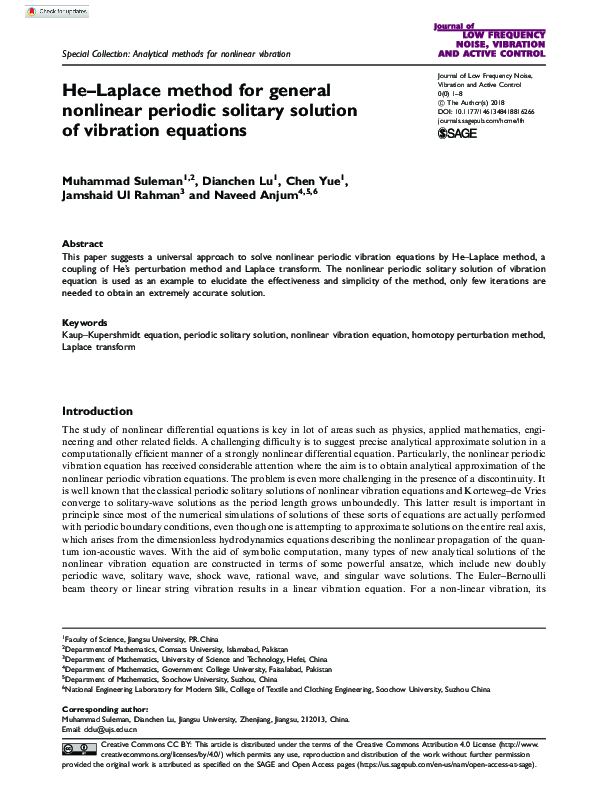 (PDF) He–Laplace method for general nonlinear periodic solitary solution of vibration equations