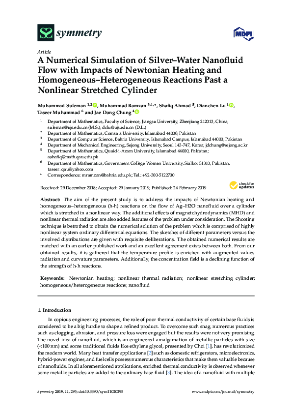 (PDF) A Numerical Simulation of Silver–Water Nanofluid Flow with Impacts of Newtonian Heating ...