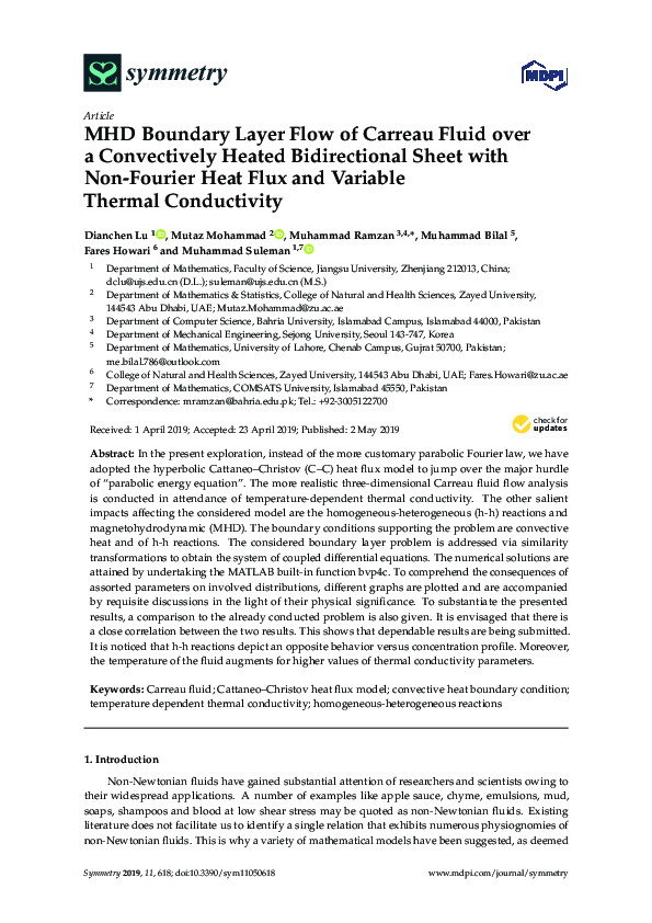 Pdf Mhd Boundary Layer Flow Of Carreau Fluid Over A Convectively Heated Bidirectional Sheet