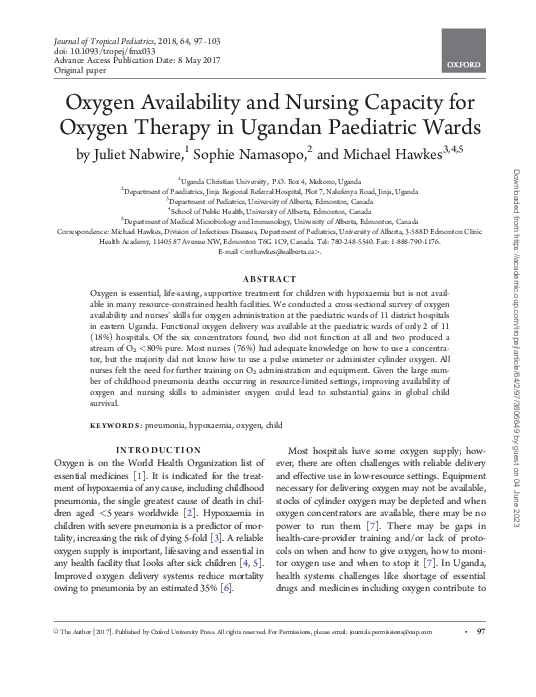 (PDF) Oxygen Availability and Nursing Capacity for Oxygen Therapy in Ugandan Paediatric Wards