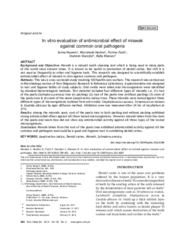 (PDF) In vitro evaluation of antimicrobial effect of miswak against common oral pathogens