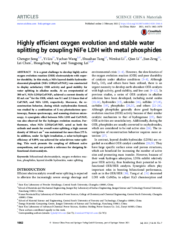(PDF) Highly efficient oxygen evolution and stable water splitting by coupling NiFe LDH with ...