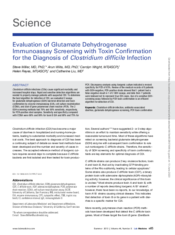 Evaluation of Glutamate Dehydrogenase Immunoassay Screening with Toxin ...