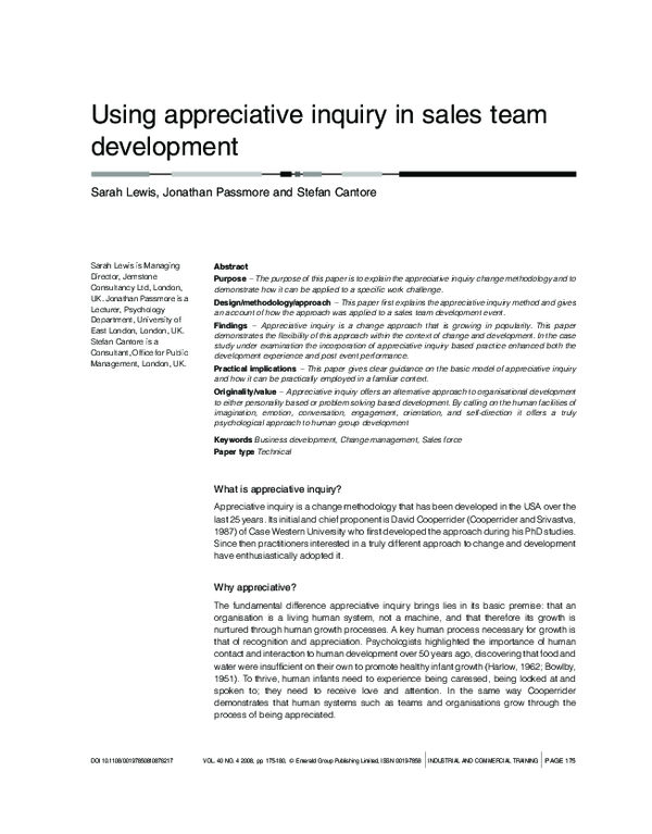 (PDF) Using appreciative inquiry in sales team development