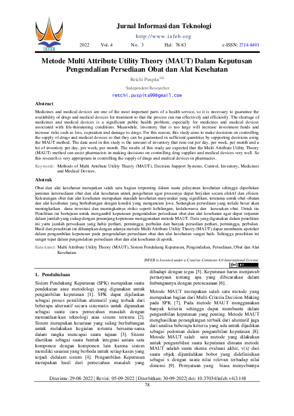 Pdf Metode Multi Attribute Utility Theory Maut Dalam Keputusan Pengendalian Persediaan Obat