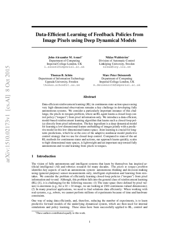 (PDF) Data-Efficient Learning of Feedback Policies from Image Pixels using Deep Dynamical Models