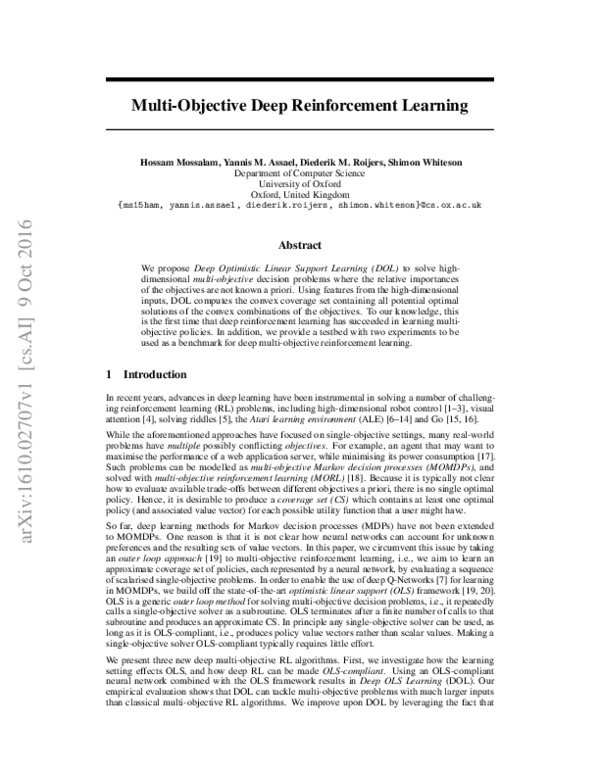 (PDF) Multi-Objective Deep Reinforcement Learning