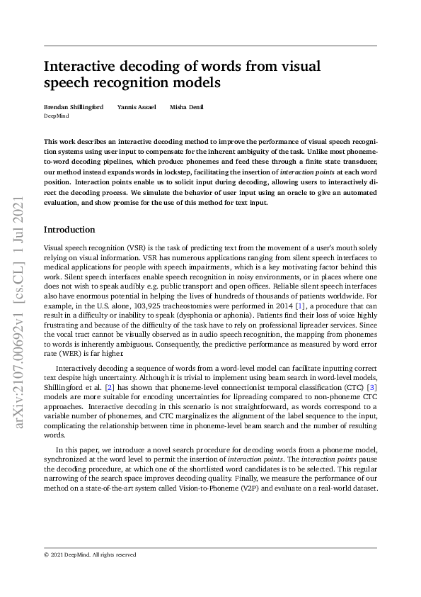 (PDF) Interactive decoding of words from visual speech recognition models