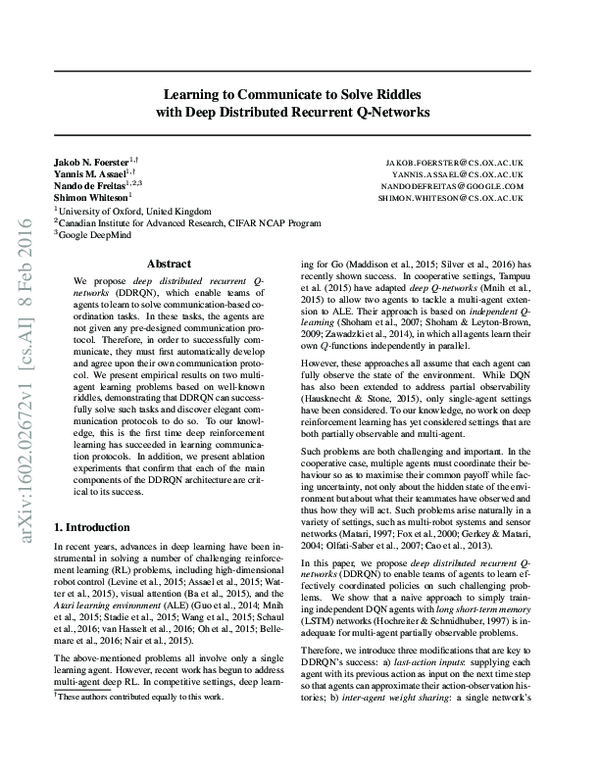(PDF) Learning to Communicate to Solve Riddles with Deep Distributed Recurrent Q-Networks
