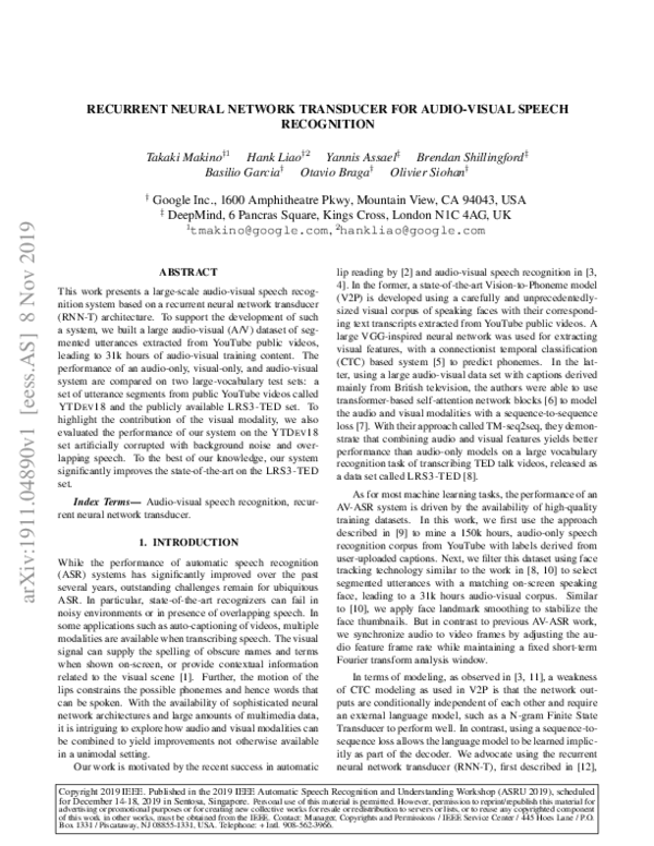 (PDF) Recurrent Neural Network Transducer for Audio-Visual Speech Recognition