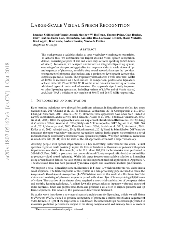 (PDF) Large-Scale Visual Speech Recognition
