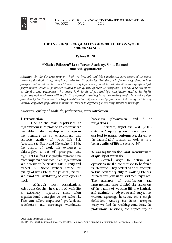 (PDF) The Influence of Quality of Work Life on Work Performance