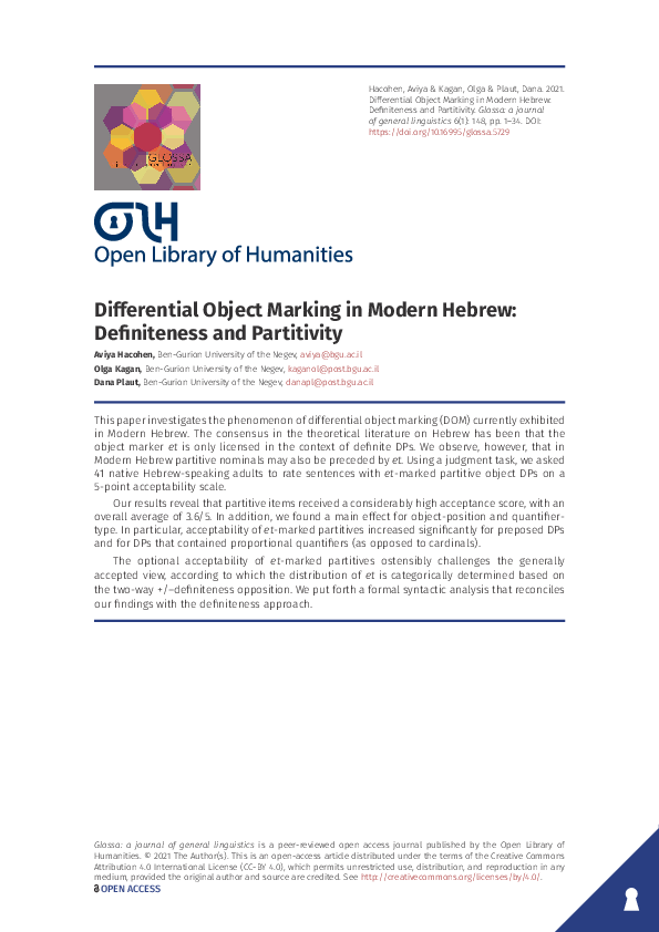 (PDF) Differential Object Marking in Modern Hebrew: Definiteness and ...