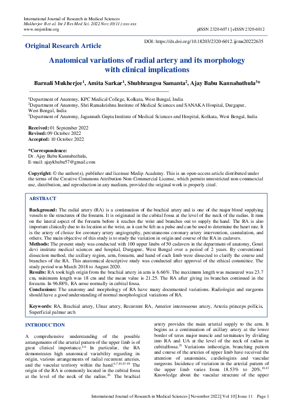 (PDF) Anatomical variations of radial artery and its morphology with ...