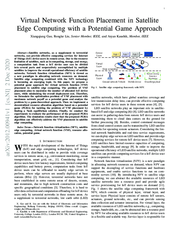 Pdf Virtual Network Function Placement In Satellite Edge Computing With A Potential Game Approach