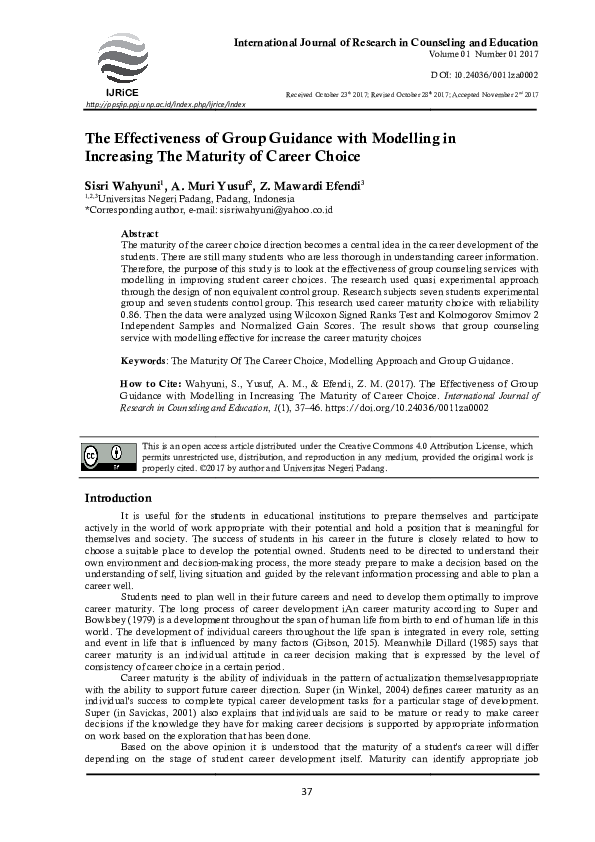 (PDF) The Effectiveness of Group Guidance with Modelling in Increasing The Maturity of Career Choice