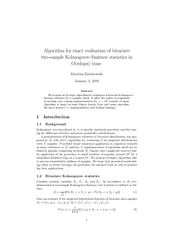 (PDF) Algorithm for exact evaluation of bivariate two-sample Kolmogorov-Smirnov statistics in O ...