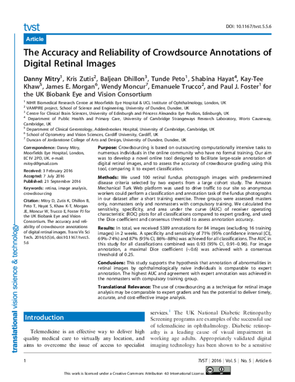 (PDF) The Accuracy and Reliability of Crowdsource Annotations of Digital Retinal Images