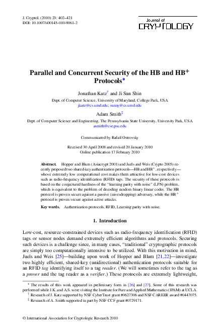 (PDF) Parallel and Concurrent Security of the HB and HB+ Protocols
