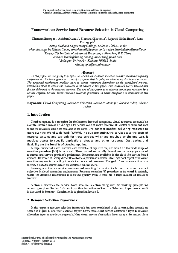 (PDF) Framework on Service based Resource Selection in Cloud Computing