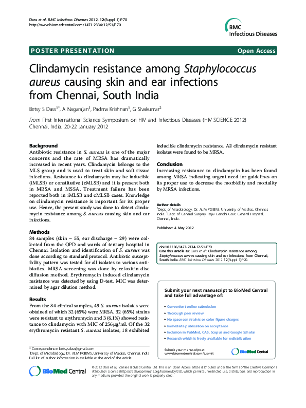 (PDF) Clindamycin resistance among Staphylococcus aureus causing skin and ear infections from ...