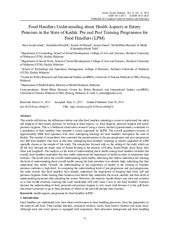 (PDF) Food Handlers Understanding about Health Aspects at Eatery ...