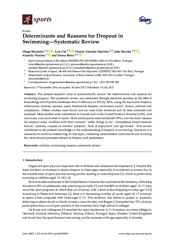 (PDF) Determinants and Reasons for Dropout in Swimming —Systematic Review
