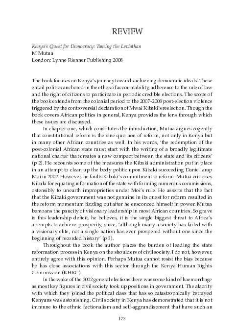 (PDF) Review: Kenya’s Quest for Democracy: Taming the Leviathan