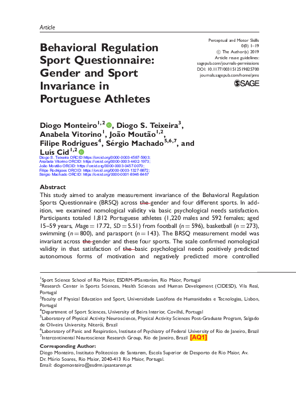 (PDF) Behavioral Regulation Sport Questionnaire: Gender and Sport Invariance in Portuguese ...
