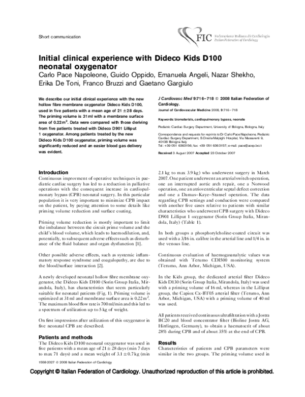 (PDF) Initial clinical experience with Dideco Kids D100 neonatal oxygenator