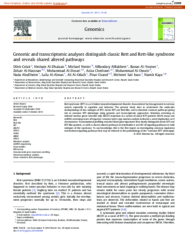 (PDF) Genomic and transcriptomic analyses distinguish classic Rett and ...