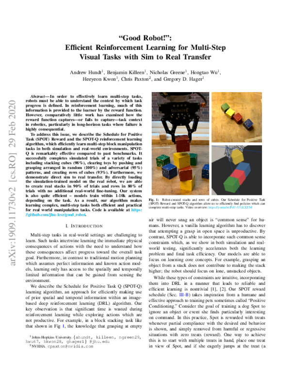 Pdf “good Robot” Efficient Reinforcement Learning For Multi Step Visual Tasks With Sim To