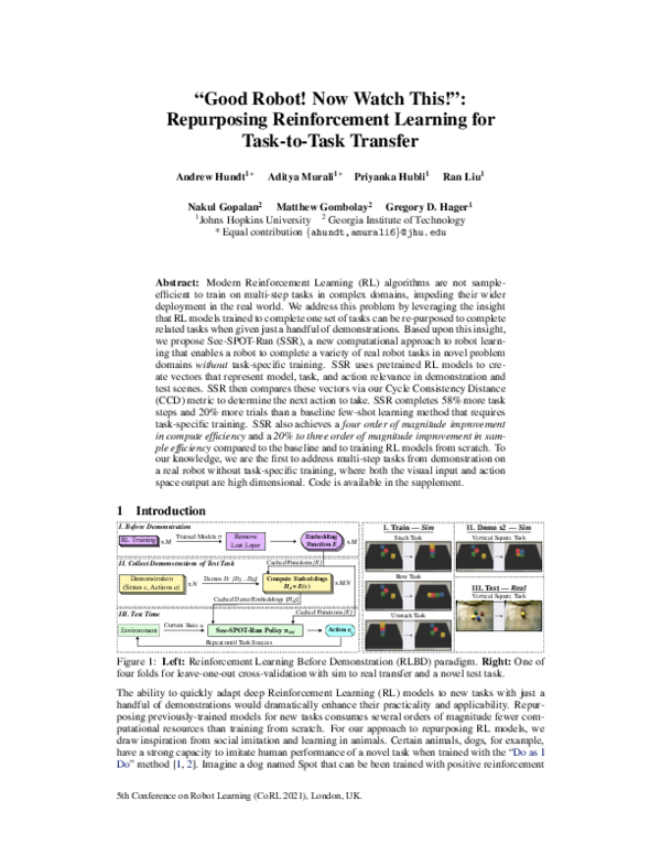 (PDF) Good Robot! Now Watch This!": Repurposing Reinforcement Learning for Task-to-Task Transfer
