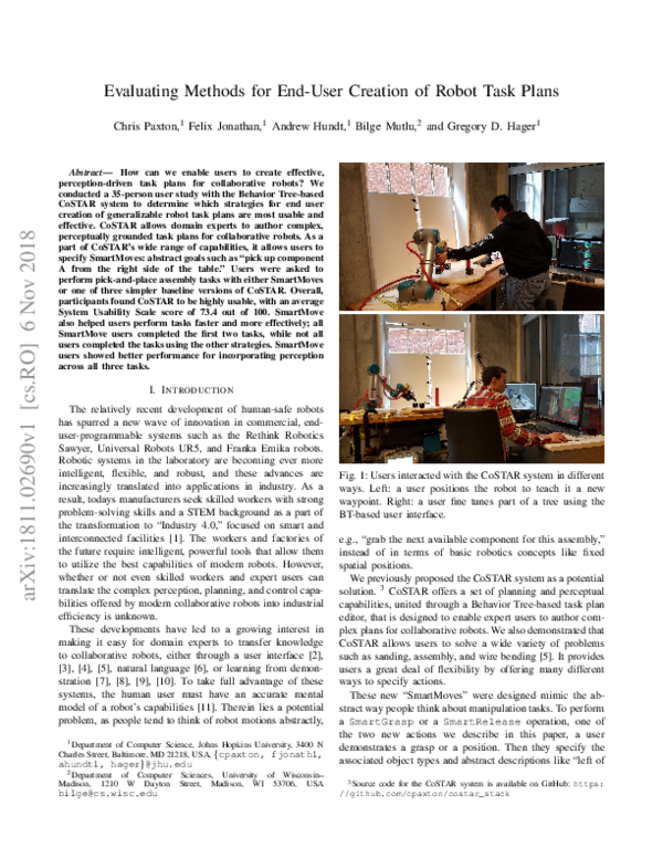 (PDF) Evaluating Methods for End-User Creation of Robot Task Plans | Andrew Hundt - Academia.edu