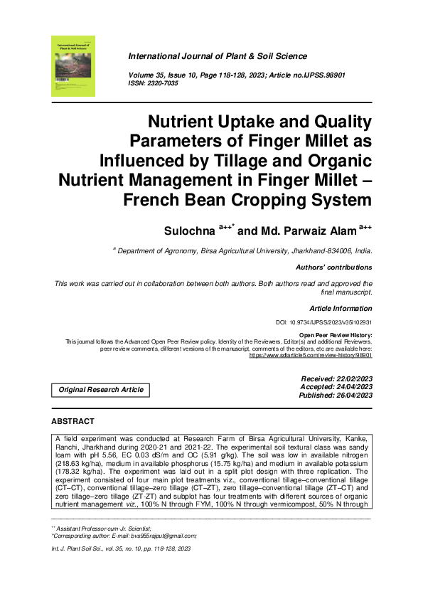 Pdf Nutrient Uptake And Quality Parameters Of Finger Millet As