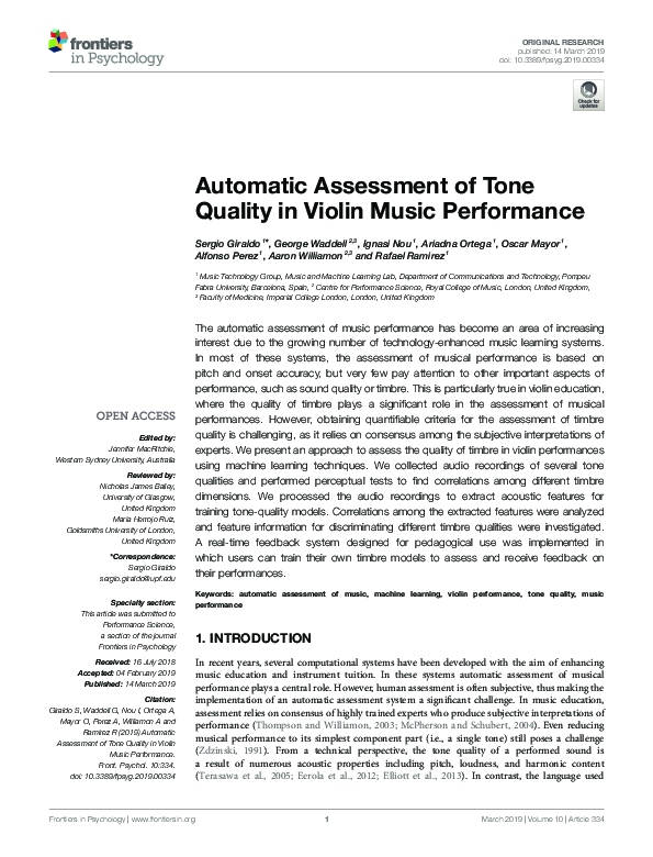 (PDF) Machine Learning for Violin Tone Quality Assessment