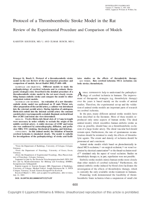 (PDF) Protocol of a Thromboembolic Stroke Model in the Rat