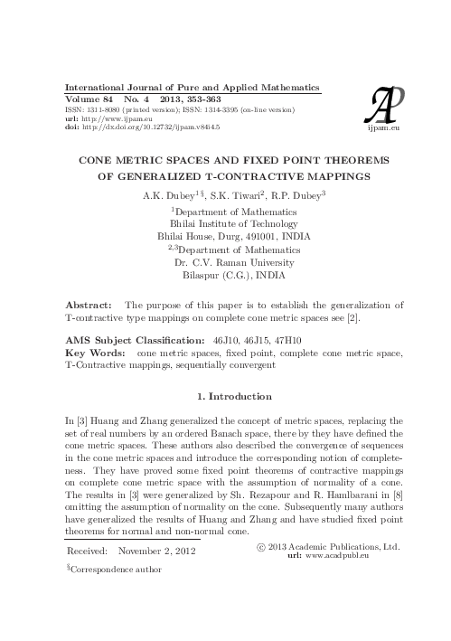 Pdf Cone Metric Spaces And Fixed Point Theorems Of Generalized T Contractive Mappings