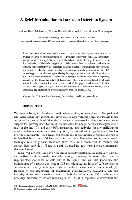 (PDF) A Brief Introduction to Intrusion Detection System