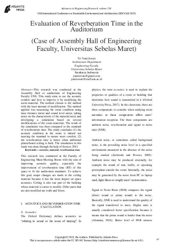 Pdf Evaluation Of Reverberation Time In The Auditorium Case Of Assembly Hall Of Engineering