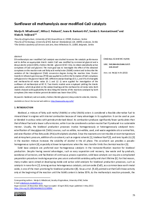 (PDF) Sunflower oil methanolysis over modified CaO catalysts