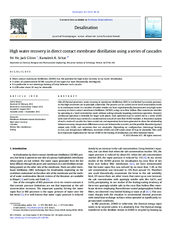 (PDF) High water recovery in direct contact membrane distillation using ...