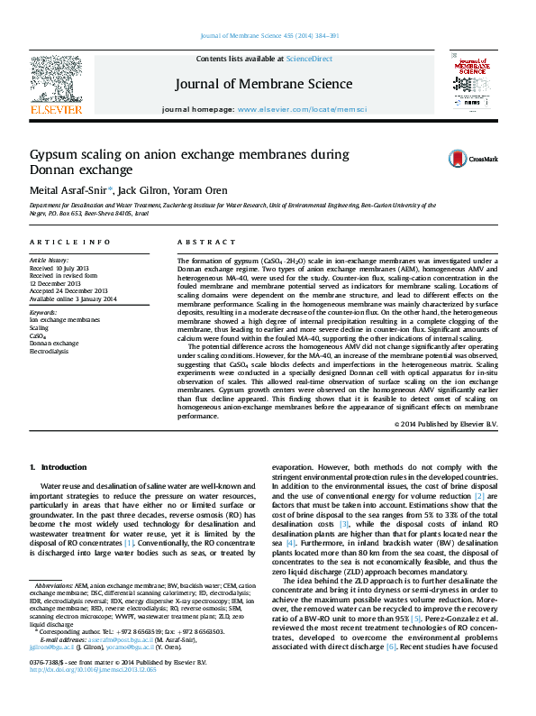 (PDF) Gypsum scaling on anion exchange membranes during Donnan exchange