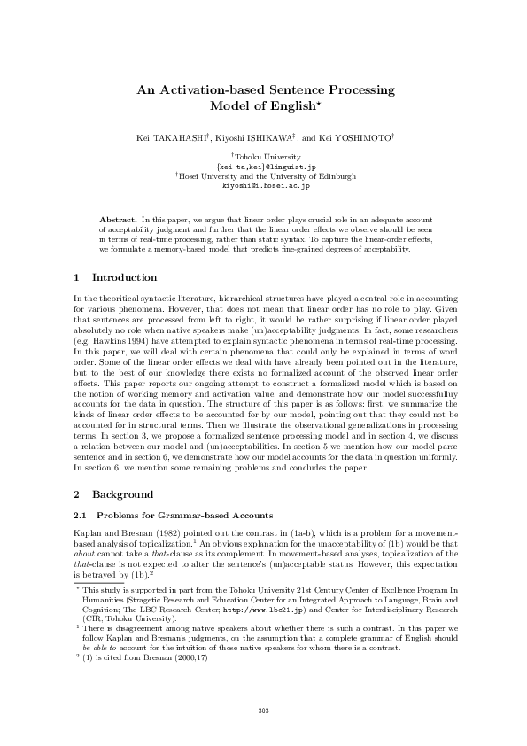 (PDF) An Activation-based Sentence Processing Model of English