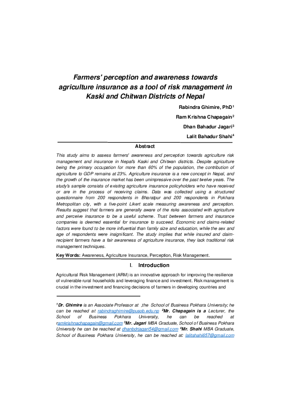 (PDF) Farmers' perception and awareness towards agriculture insurance as a tool of risk ...