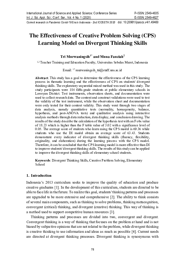 (PDF) The Effectiveness of Creative Problem Solving (CPS) Learning Model on Divergent Thinking ...