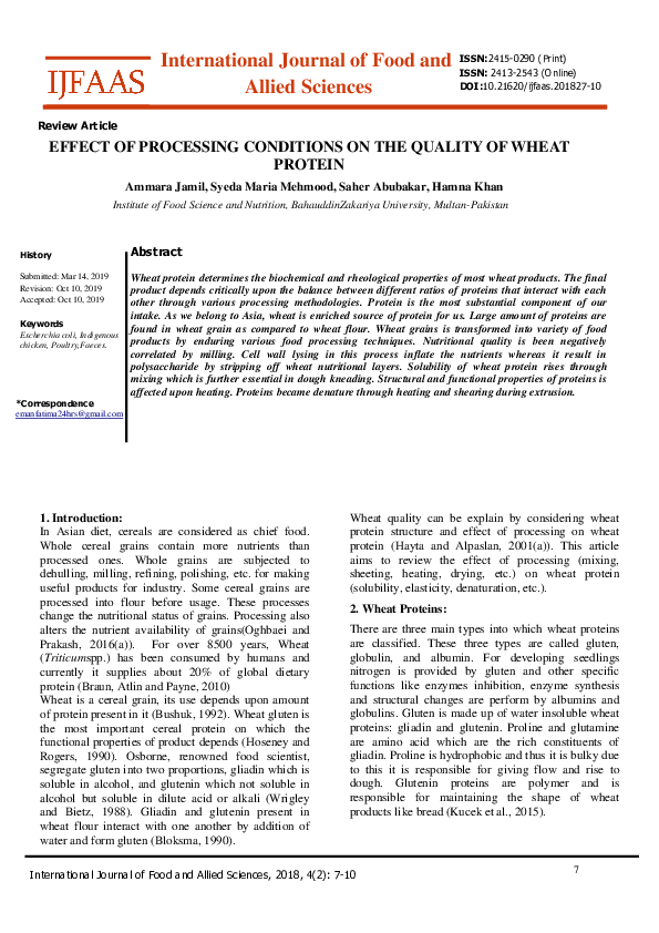 (PDF) Effect of Processing Conditions on the Quality of Wheat Protein