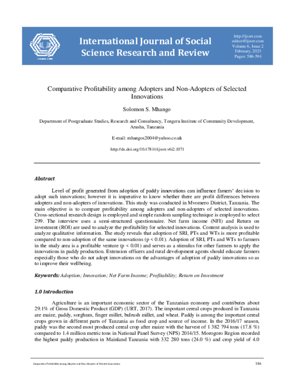 (PDF) Comparative Profitability among Adopters and Non-Adopters of Selected Innovations